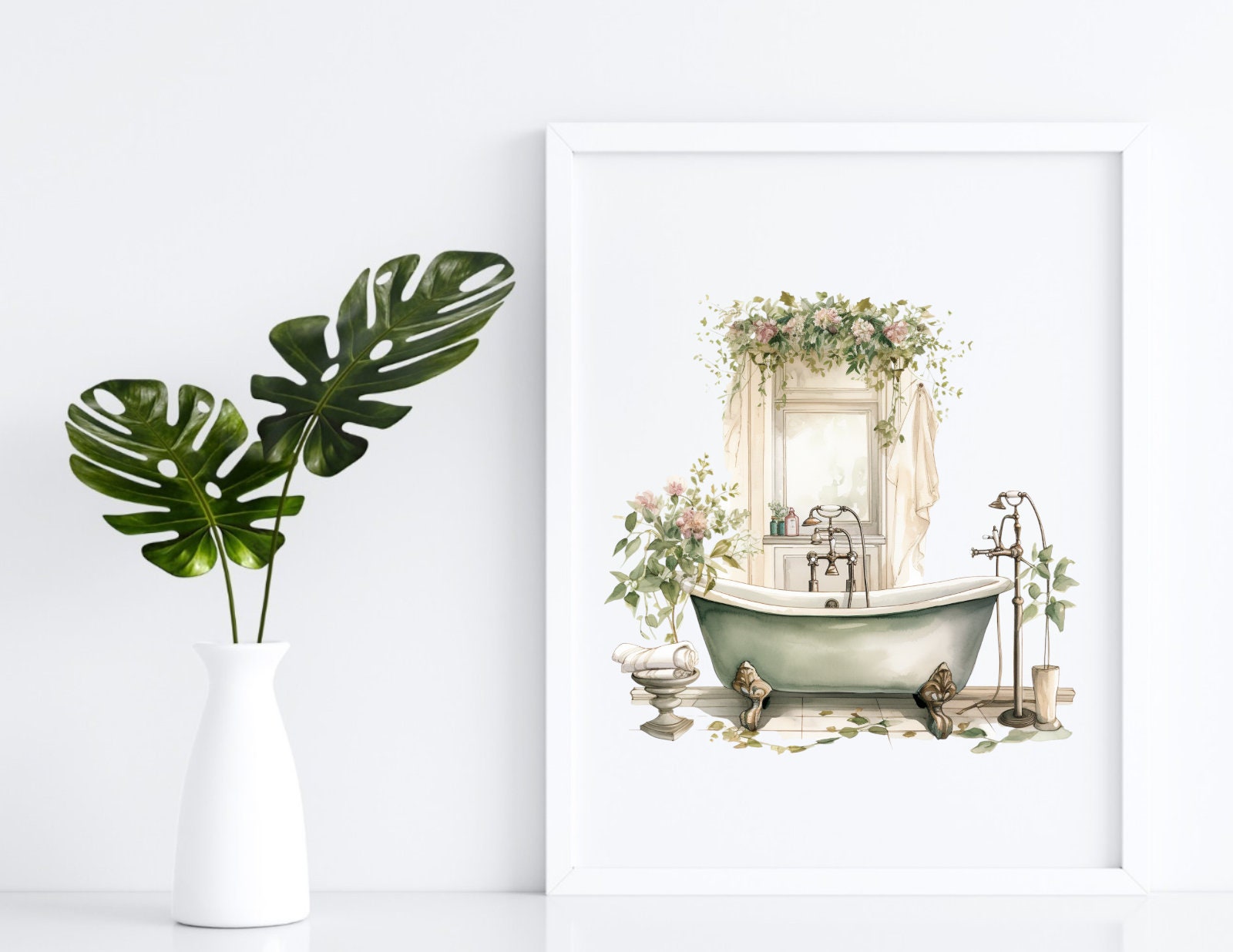 Watercolor Floral Bathroom Clipart, PNG Digital Files on a Transparent ...