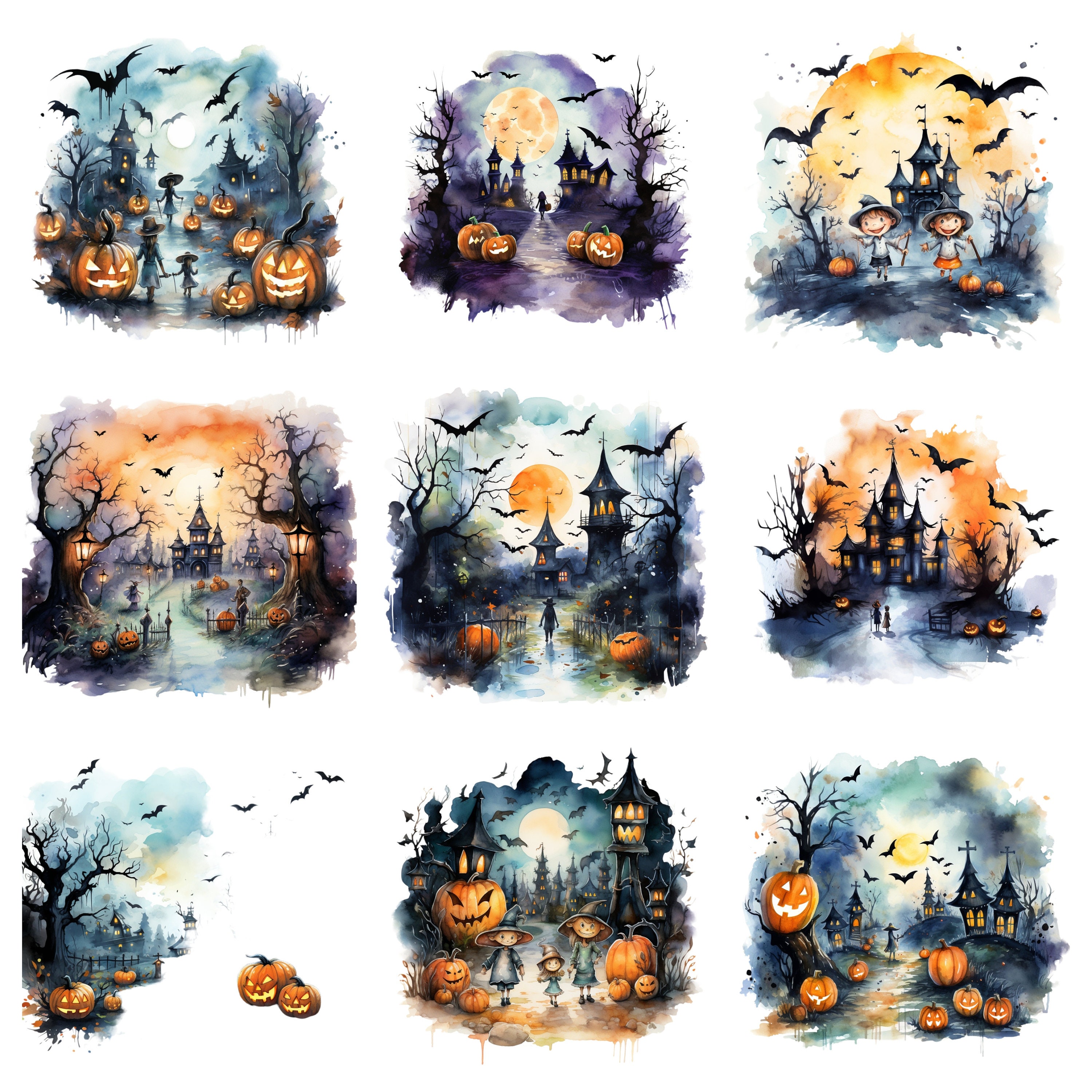 34 Halloween Night Watercolor Clipart, Halloween Clipart, PNG Digital ...