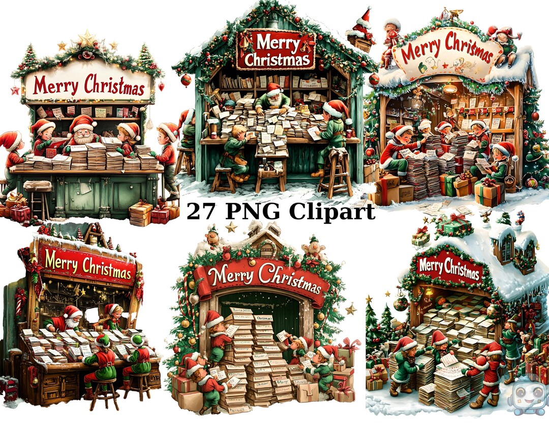 27 Santa's Mailroom With Merry Christmas Sign Watercolor Clipart ...