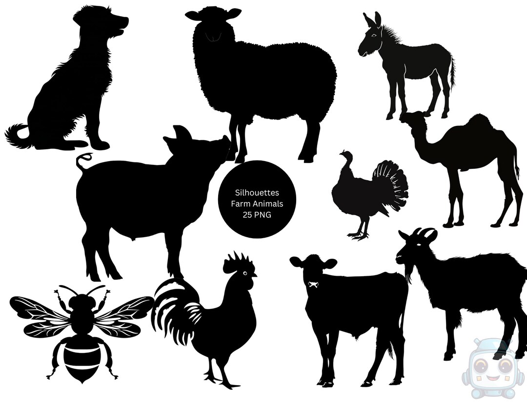 Farm Animals Silhouettes Clipart, PNG Individual Images on Transparent ...