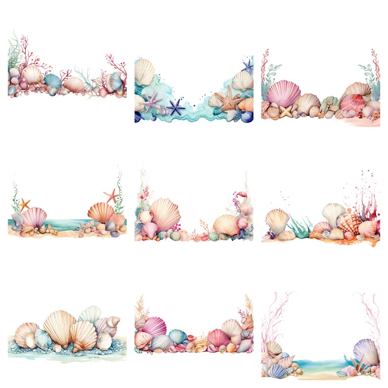 Watercolor Seashell Borders Clipart PNG Digital Files on - Etsy