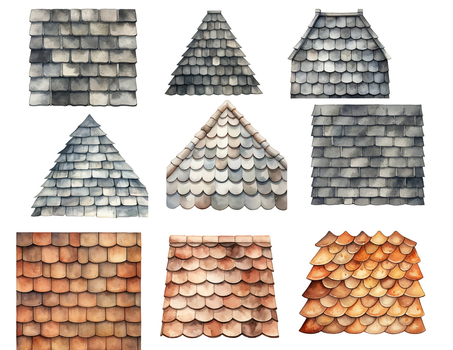 Watercolor Roof Tiles Clipart, PNG Digital Files on a Transparent ...