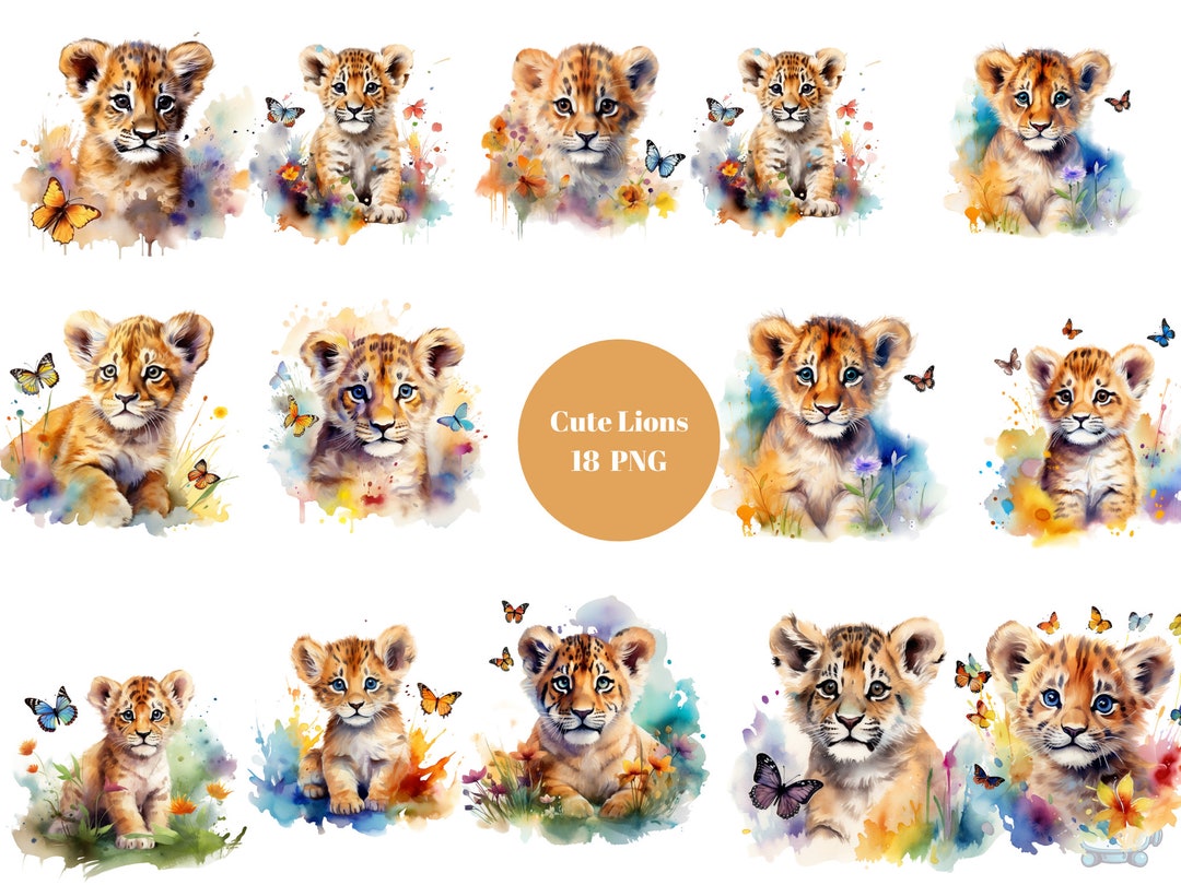 18 Baby Lions Watercolor Clipart, Cute Lions, PNG Digital Files on ...