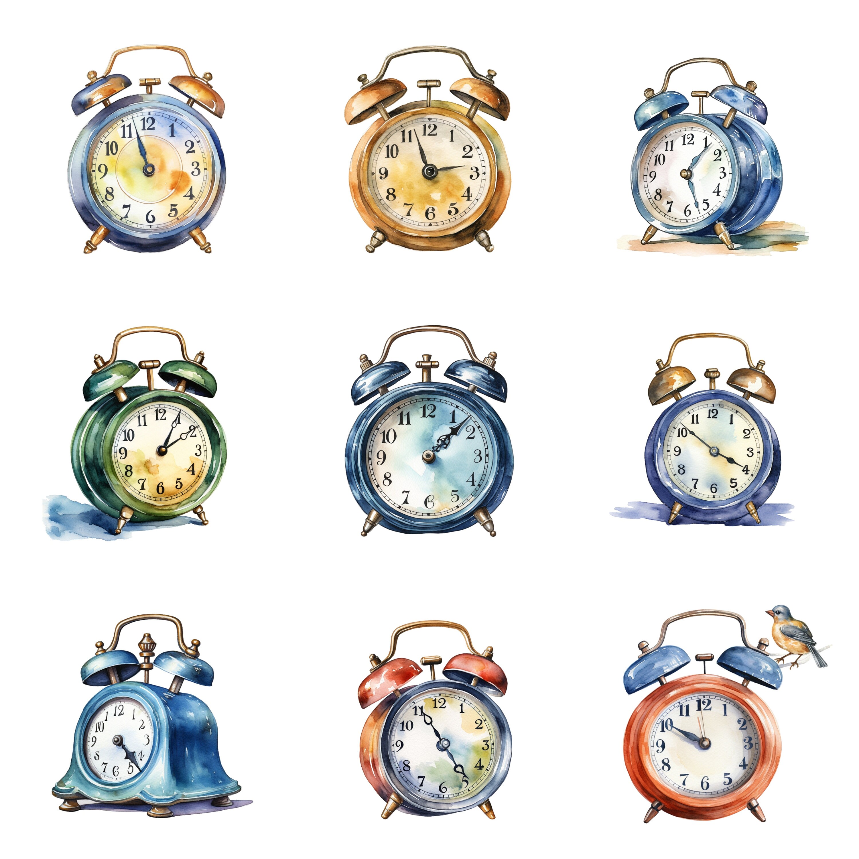 32 Alarm Clocks Watercolor Clipart, Items Clipart, PNG Individual ...
