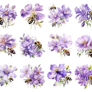 Watercolor Bee in Flowers Clipart, PNG Digital Files on Transparent ...