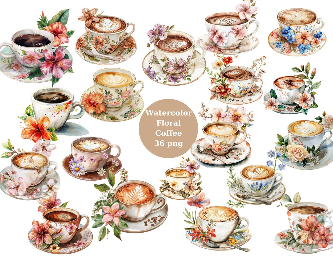 Watercolor Floral Coffee Clipart, PNG Digital Files on Transparent ...