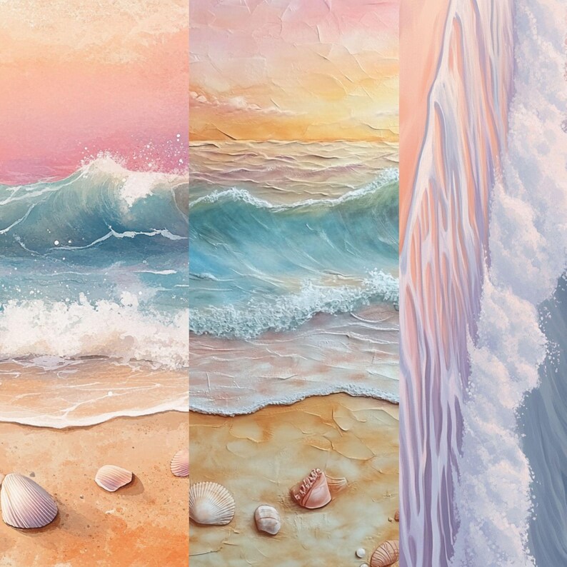 Pastel Beach Digital Paper Pack, Soft Ocean Waves, Seashell Shoreline ...