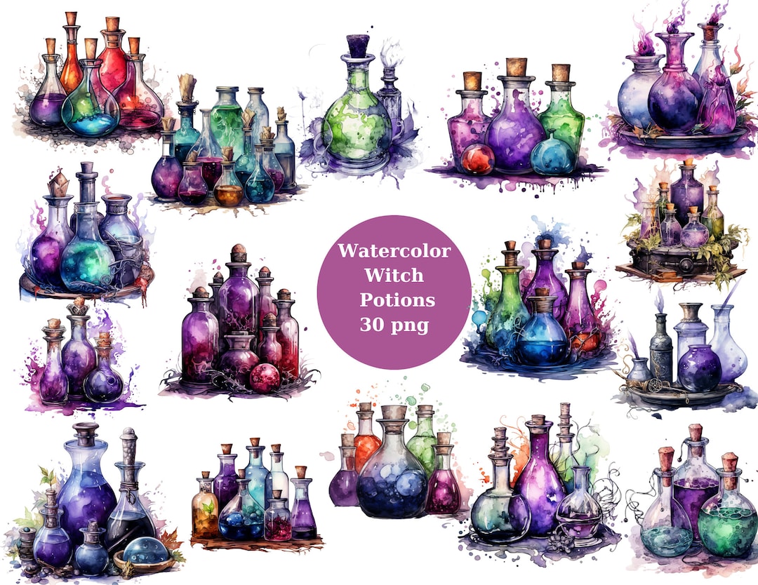Watercolor Witch Potion Clipart, PNG Digital Files on Transparent ...