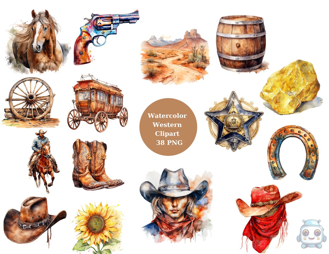 Watercolor 38 Western Clipart, Texas Cowboy, PNG Individual Images on ...