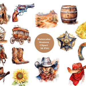 Watercolor 38 Western Clipart, Texas Cowboy, PNG Individual Images on ...