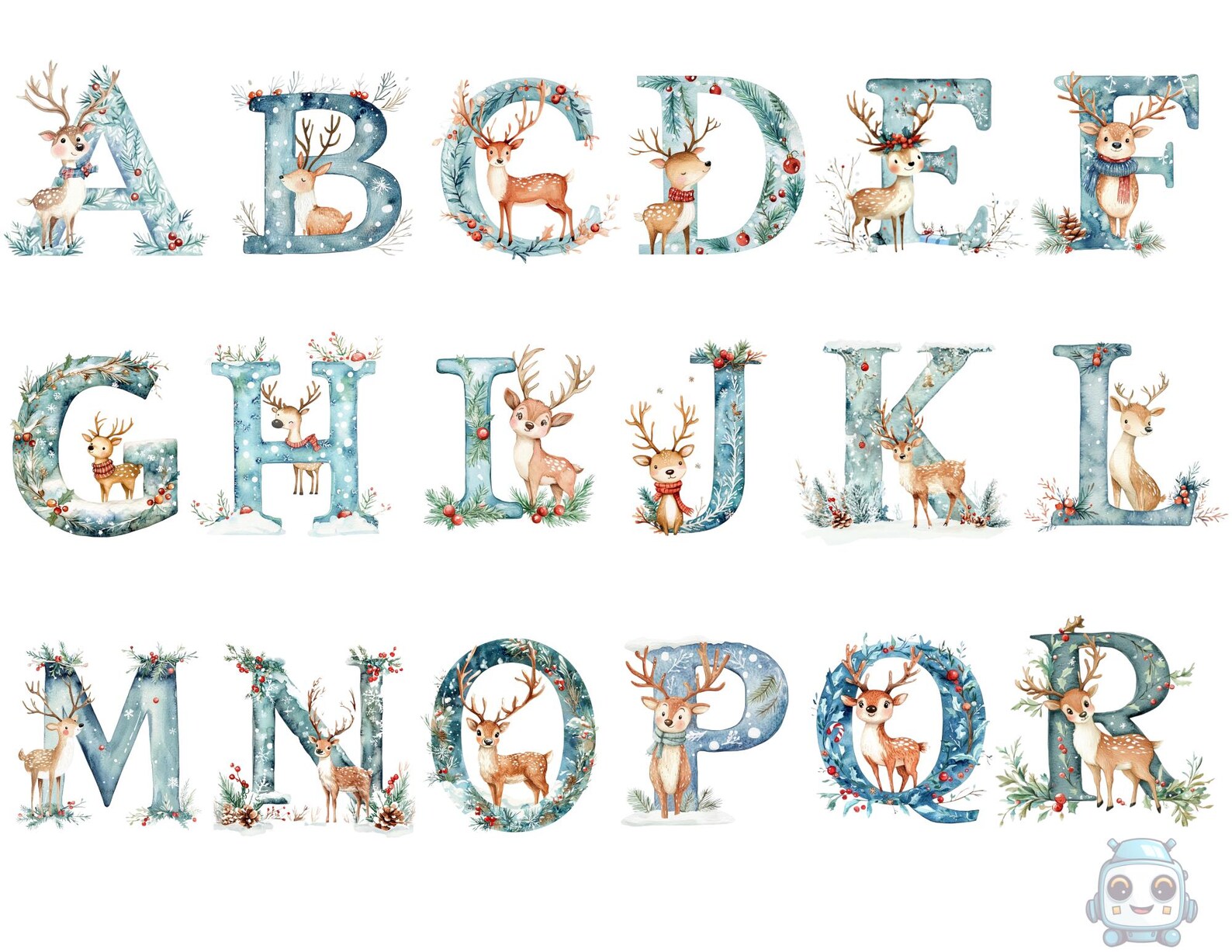 Winter Reindeer Alphabet Clipart, A-Z PNG Letters on Transparent ...