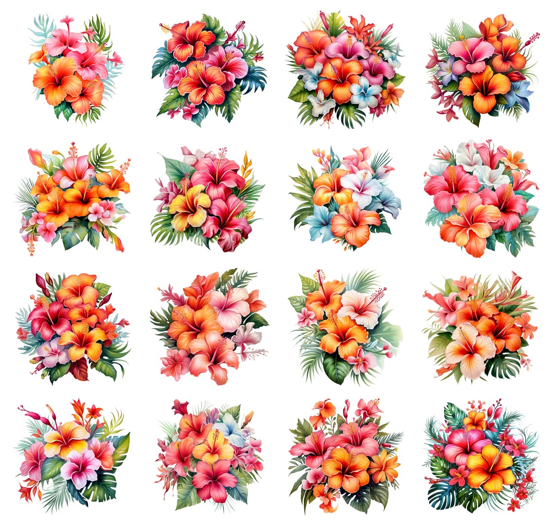 Watercolor Tropical Flowers Clipart, PNG Individual Images on ...