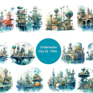 32 Underwater Cities Watercolor Clipart, Science Fiction Clipart, PNG ...