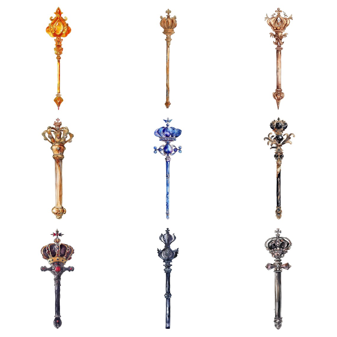 Watercolor Royal Scepters Clipart, PNG Individual Images on Transparent ...