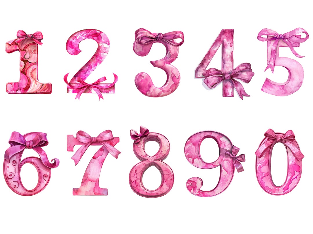 Watercolor Pink Bow Numbers, Bow Numbers, Instant Download for ...