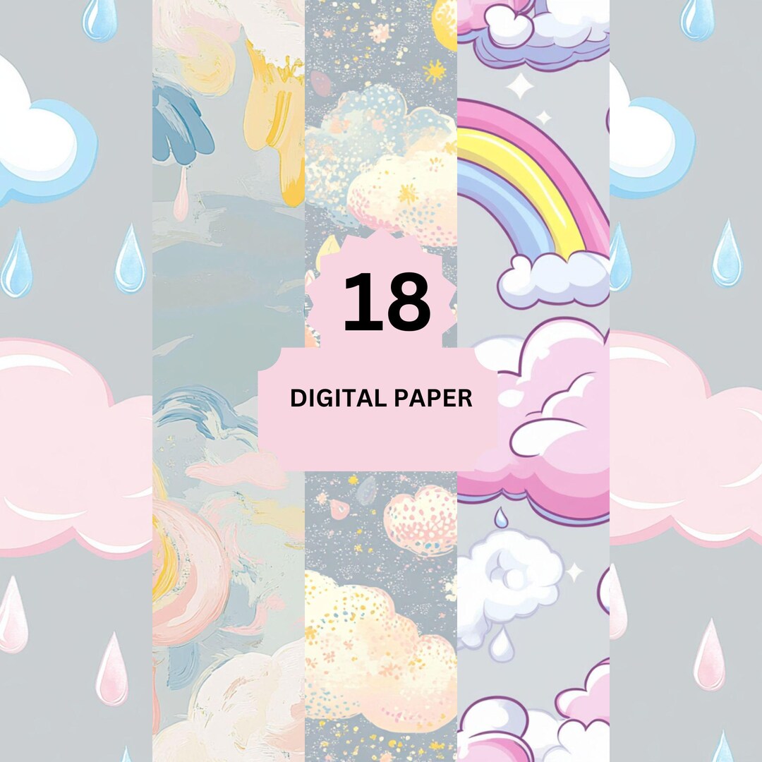 Pastel Rainbow Cloud Digital Paper – 18 Cute Skies, Raindrops and Stars ...