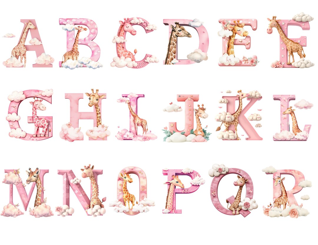 Pink Giraffe Alphabet Watercolor, Giraffe Letters, Transparent ...