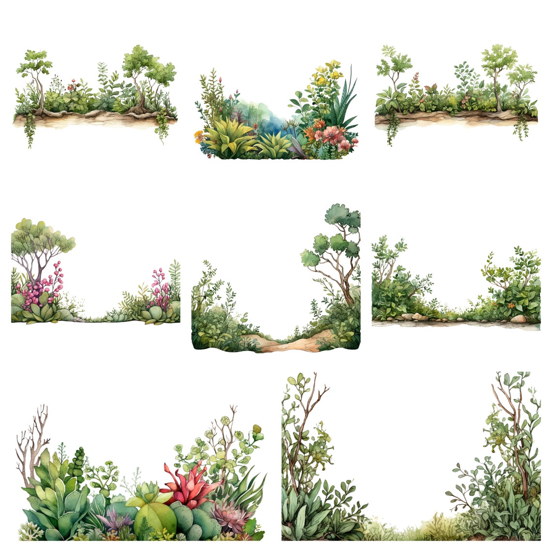 Watercolor Bush Borders Clipart, PNG Digital Files on Transparent ...