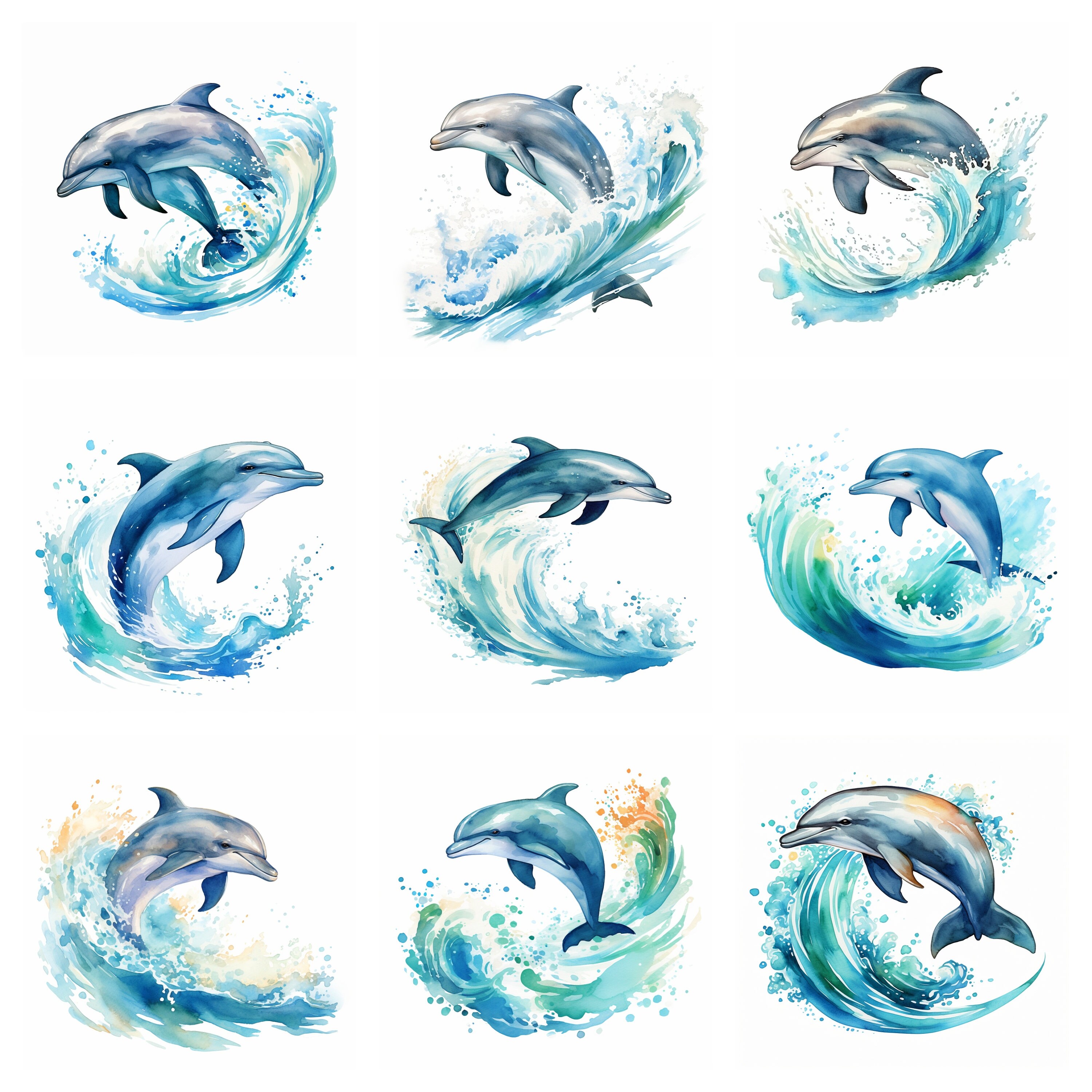 21 Playful Dolphins Watercolor Clipart, Ocean Clipart, PNG Individual ...