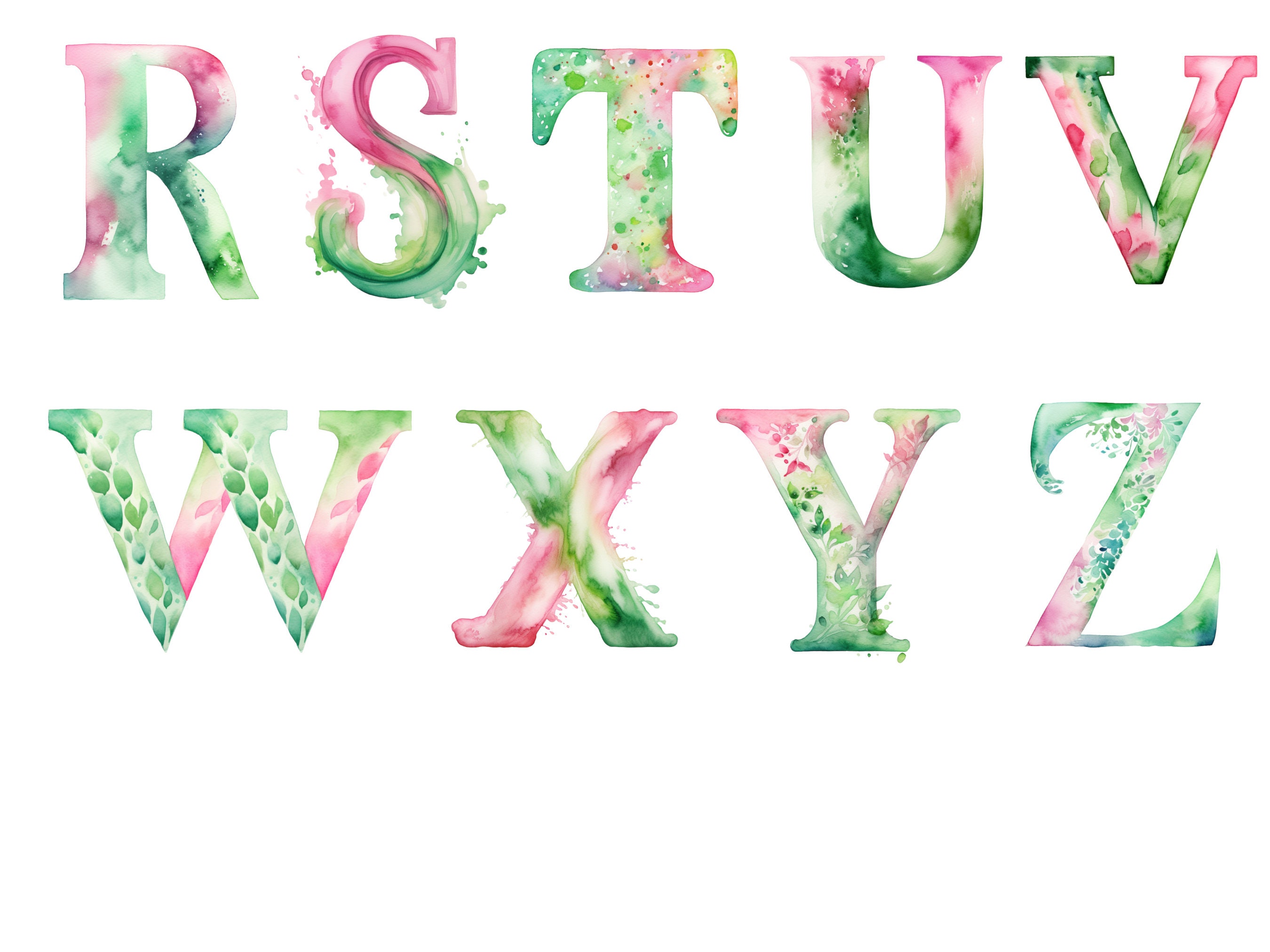 Pink and Green Alphabet Watercolor Transparent Background - Etsy