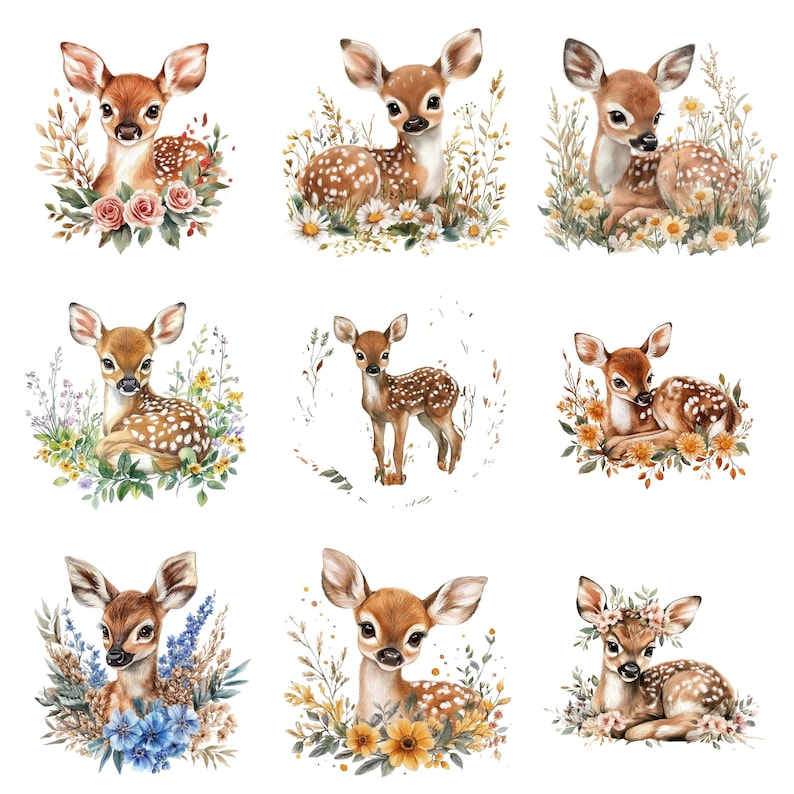 Adorable Woodland Fawn Clipart Set - 30 PNG Images of Baby Deer With ...