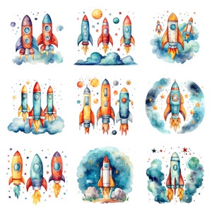 Watercolor Rocket Ships Clipart, PNG Digital Files on Transparent ...