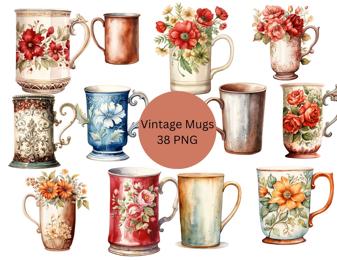 Watercolor Vintage Mugs Clipart, PNG Digital Files on Transparent ...