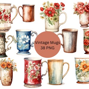 Watercolor Vintage Mugs Clipart, PNG Digital Files on Transparent ...