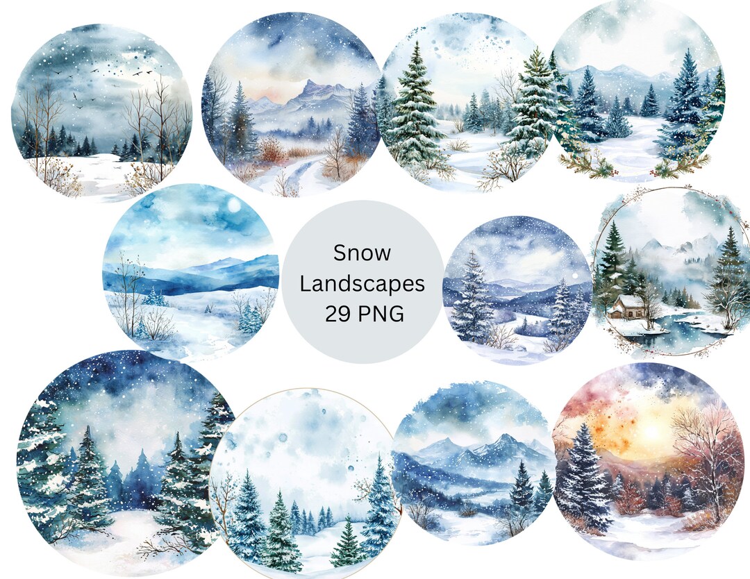 Watercolor Snow Landscapes Round Frame Clipart, PNG Individual Images ...