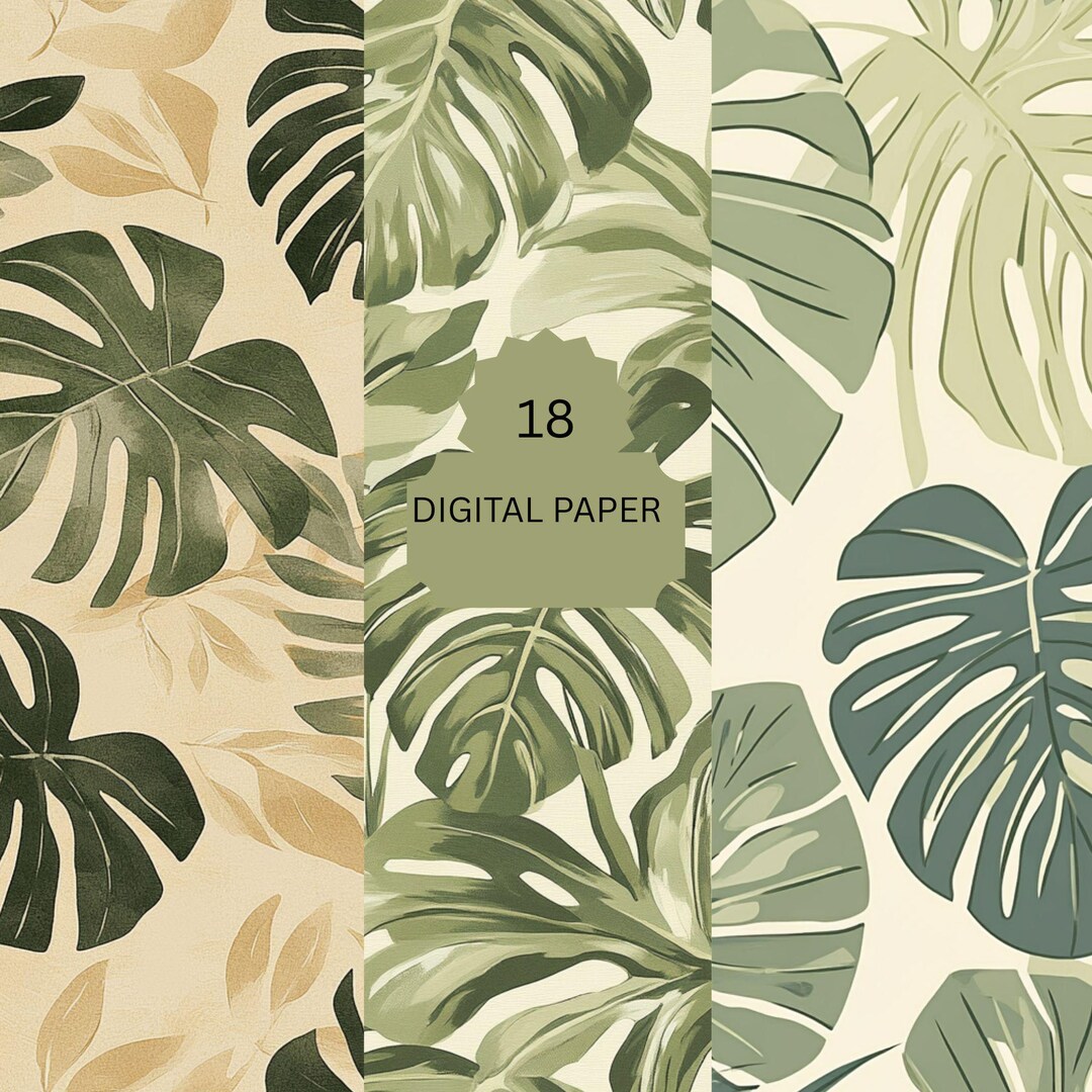 Monstera Tropical Digital Paper Pack - Green Jungle Leaves Backgrounds ...