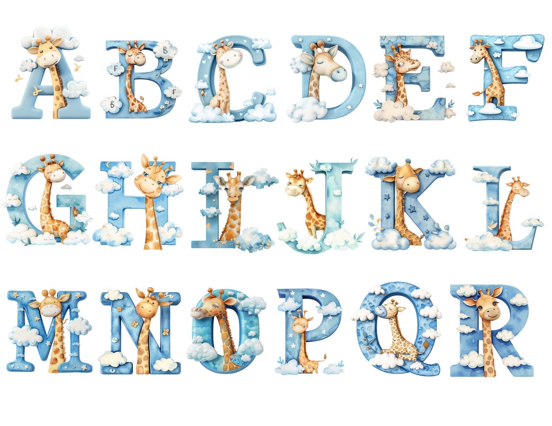 Blue Giraffe Alphabet Watercolor, Giraffe Letters, Transparent ...