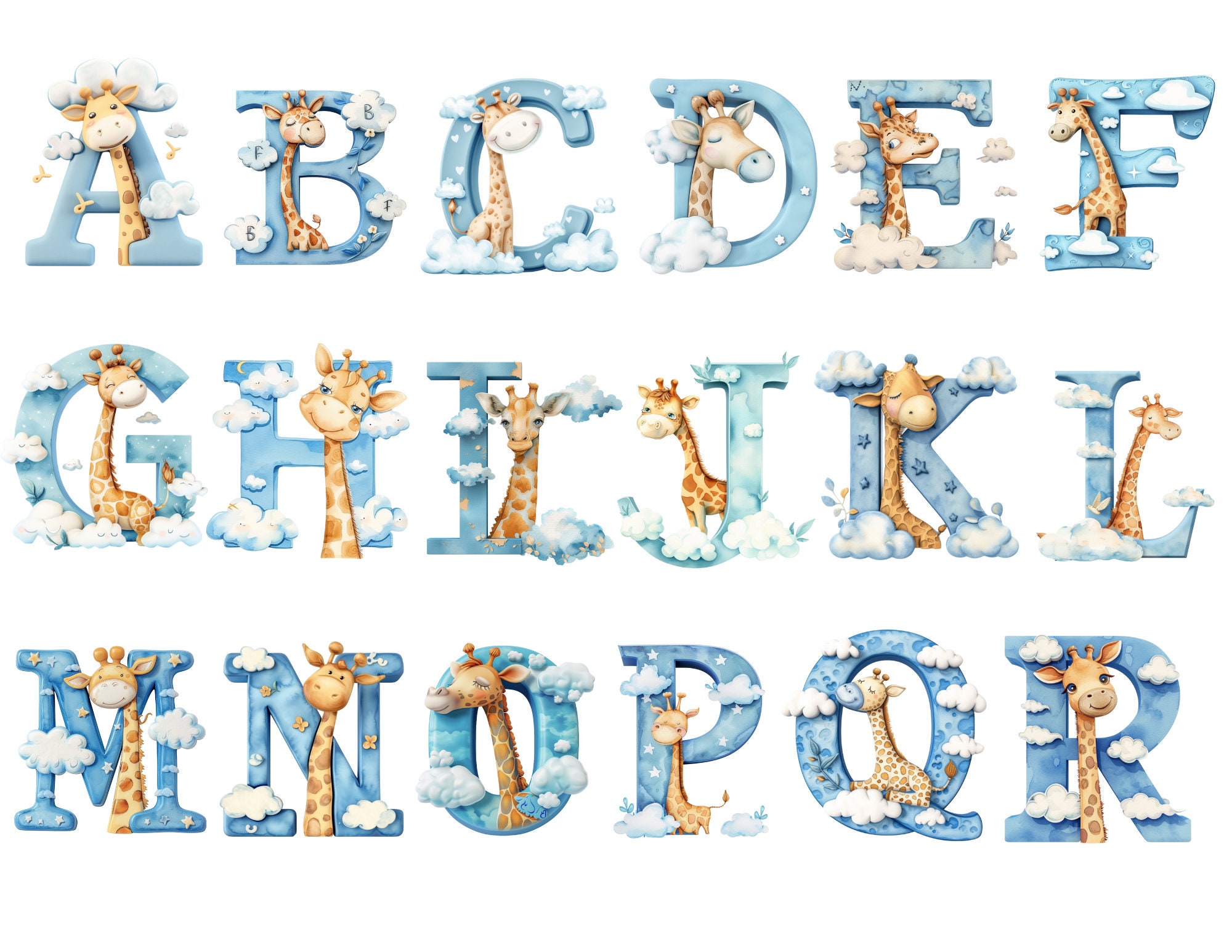 Blue Giraffe Alphabet Watercolor, Giraffe Letters, Transparent ...
