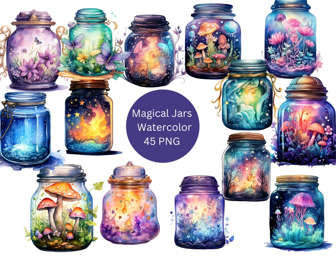 Watercolor Magical Jars Clipart, PNG Individual Images on Transparent Background, Sublimation ...