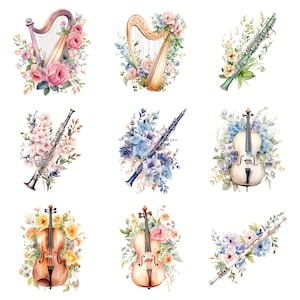 Watercolor Floral Instruments Clipart, PNG Digital Files on Transparent ...