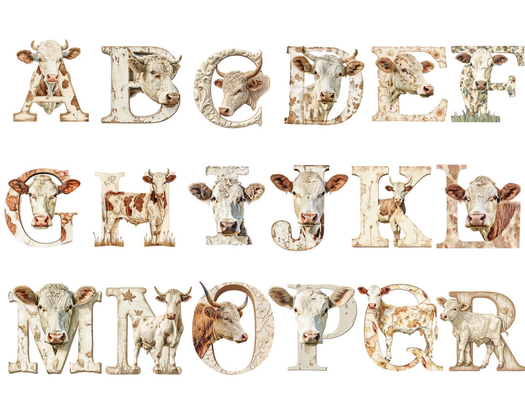 Watercolor Cow Alphabet Clipart, PNG Individual Images on Transparent ...