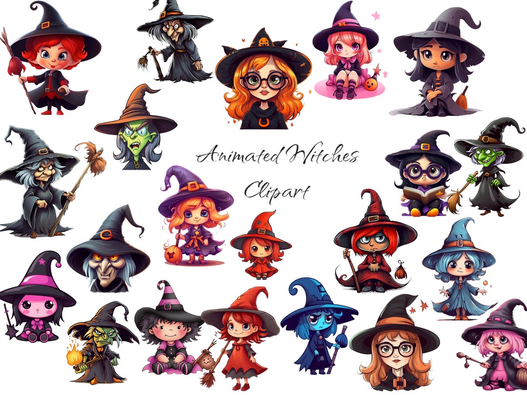 Animated Witches Clipart, PNG Digital Files on Transparent Background ...