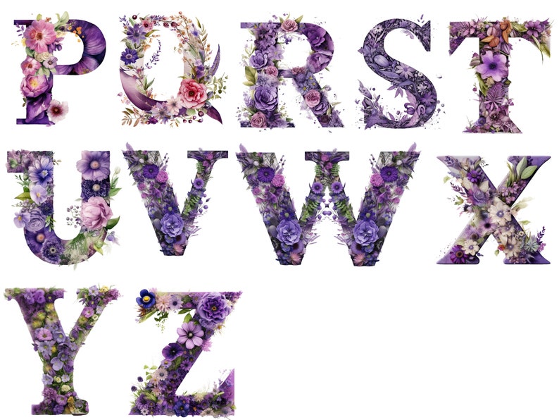 Watercolor Floral Violet Alphabet Clipart , Floral Alphabet ...