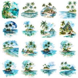 Watercolor Tropical Island Clipart, PNG Digital Files on Transparent ...