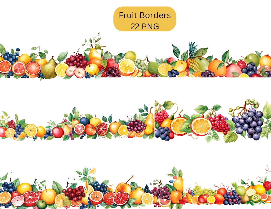 Watercolor Fruit Borders Clipart, PNG Digital Files on Transparent ...