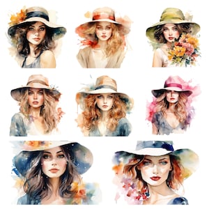 Watercolor Women With Hats Clipart, Stylish Women, PNG Digital Files on ...