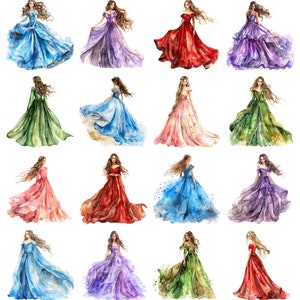 Watercolor Princess Gowns Clipart, PNG Digital Files on Transparent ...