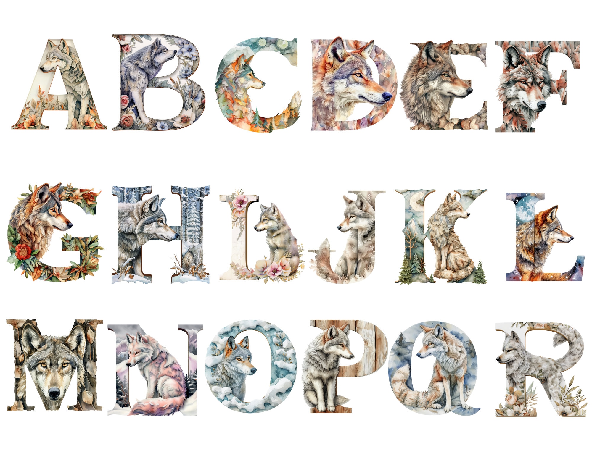 Watercolor Wolf Alphabet Clipart, PNG Individual Images on Transparent ...