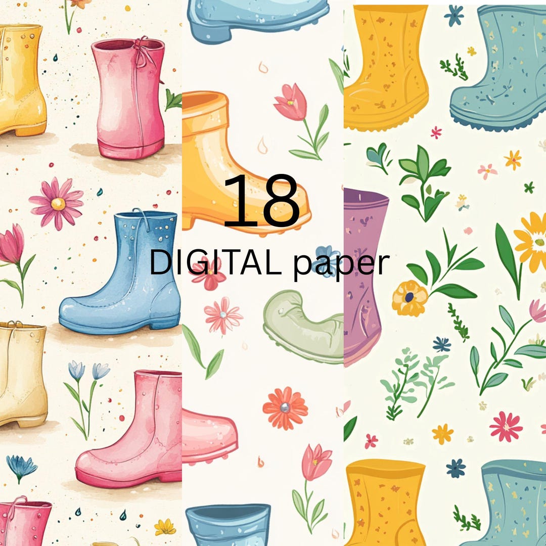 Colorful Rain Boots and Spring Flowers Digital Paper Pack | 18 Cute ...