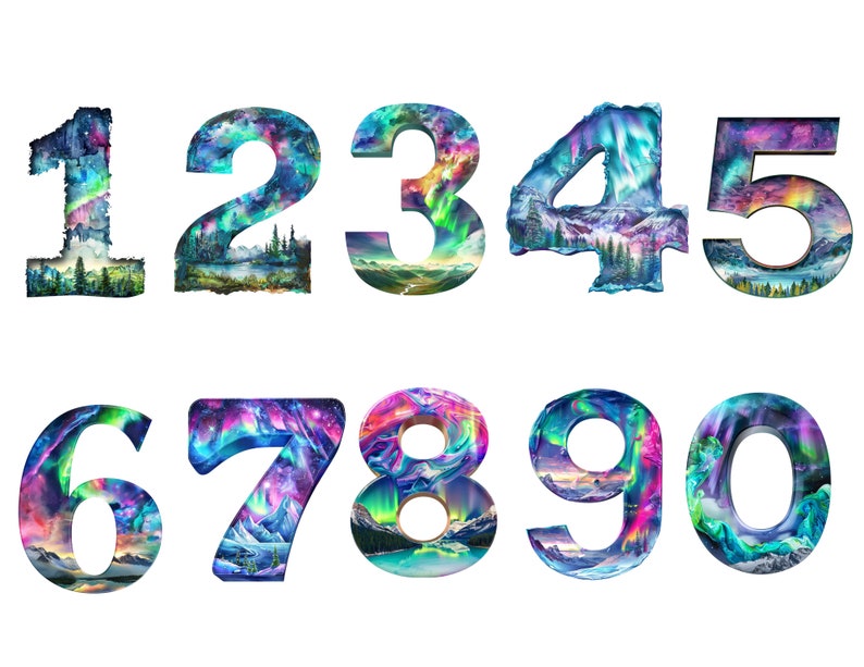 Watercolor Northern Lights Numbers Clipart, Aurora PNG Individual ...
