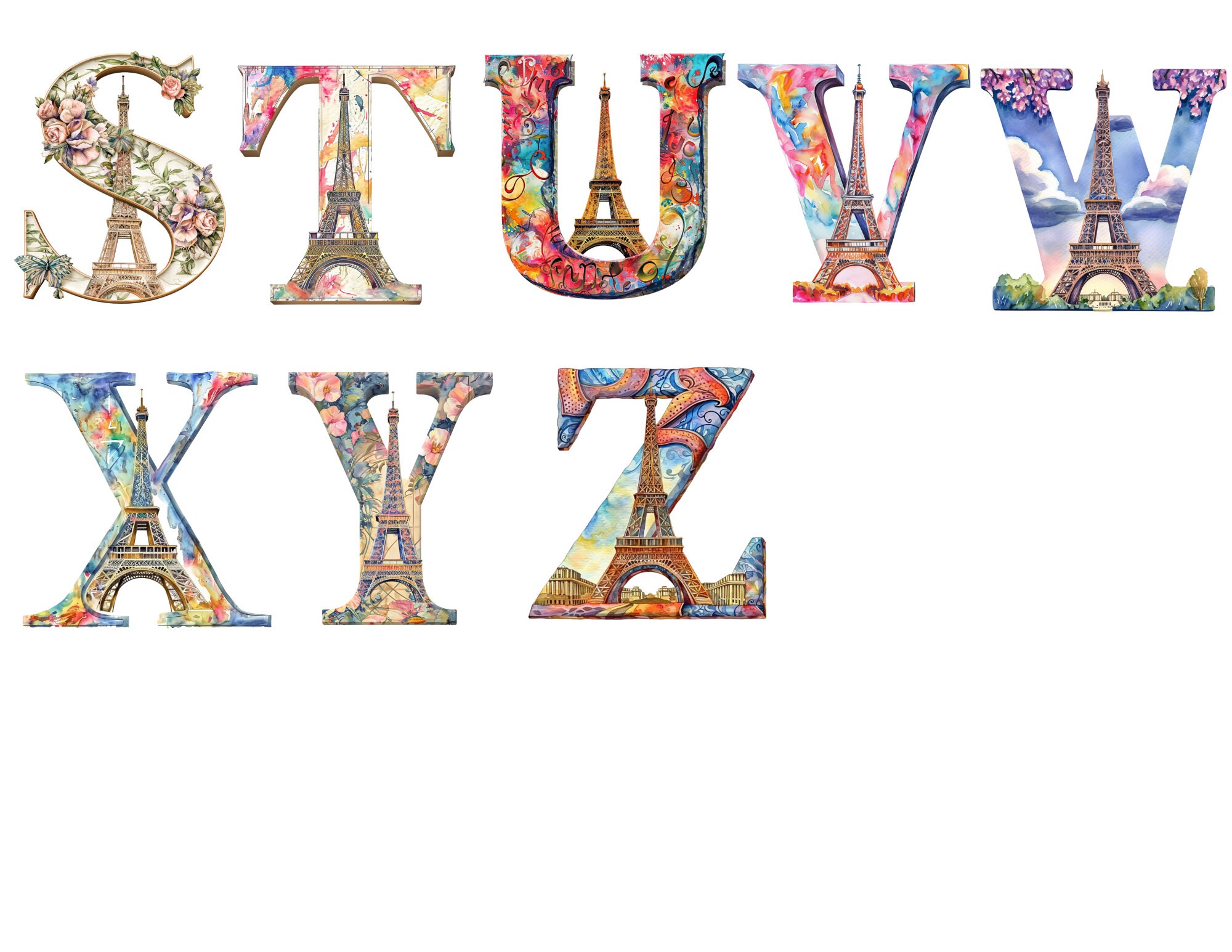 Watercolor Eiffel Tower Alphabet Clipart, PNG Individual Images ...