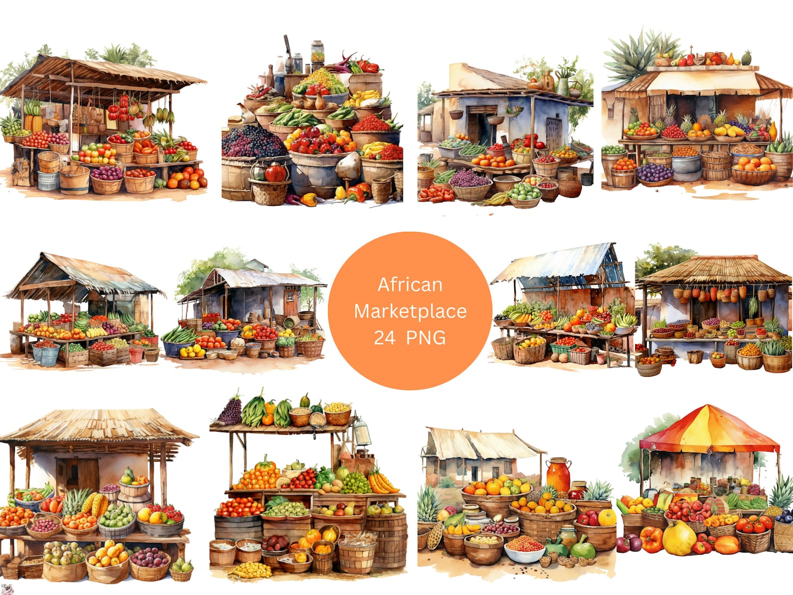 24 African Marketplaces Watercolor Clipart, Africa Clipart, PNG ...