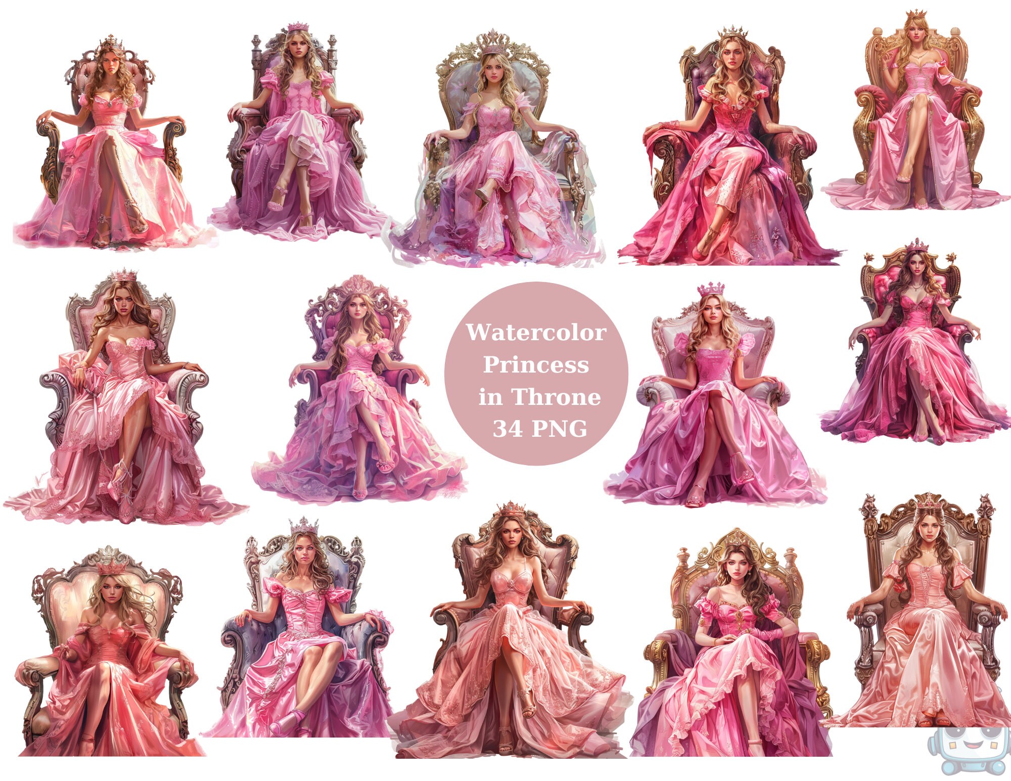 Watercolor 34 Princess in Throne, PNG Digital Files on Transparent ...