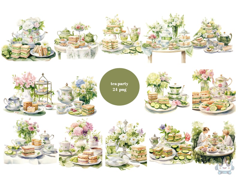 24 Tea Party Watercolor Clipart, Picnic Clipart, PNG Digital Files on ...