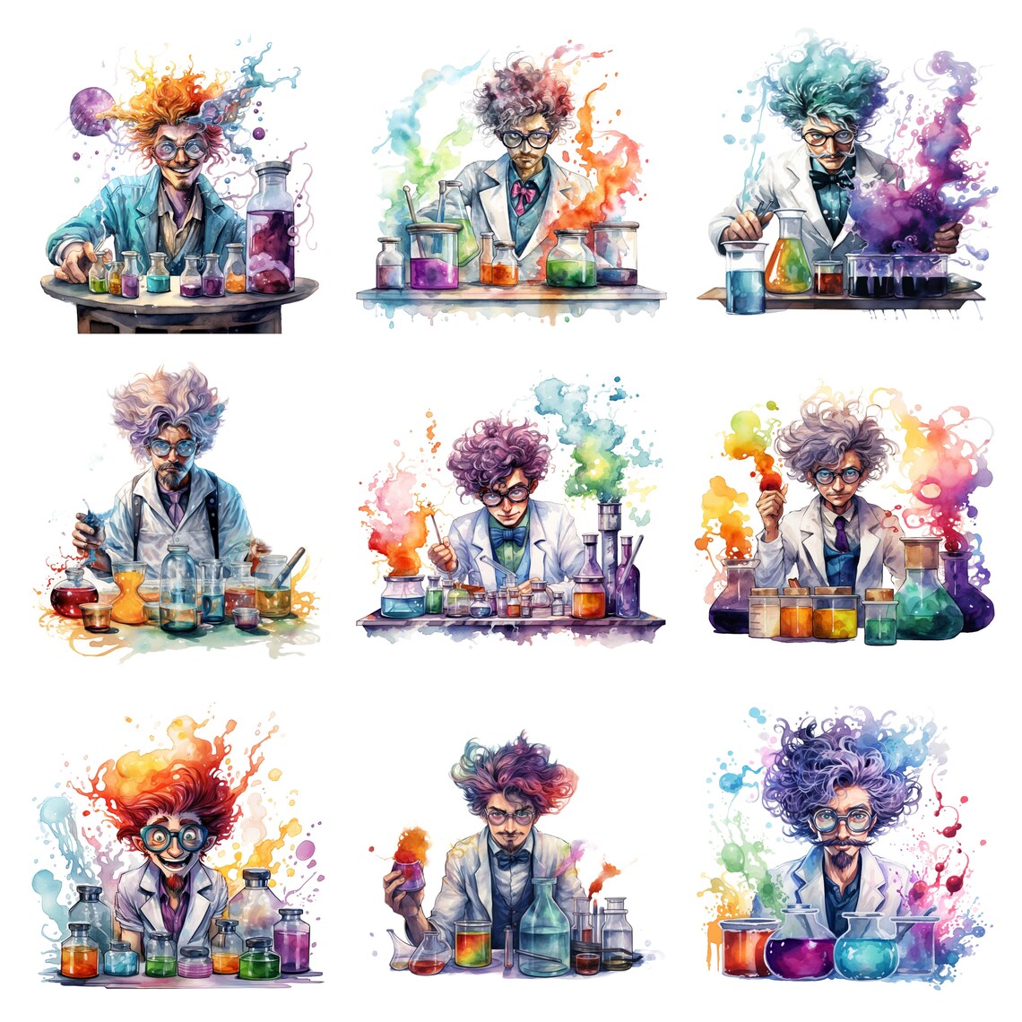 36 Mad Scientists Watercolor Clipart, Science Clipart, PNG Individual ...