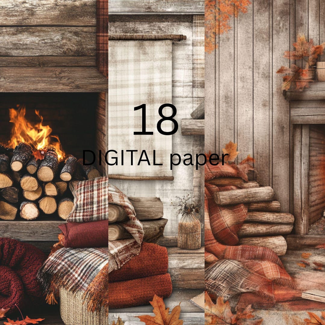 Cozy Cabin Digital Paper Pack - Rustic Fireplace and Autumn Blankets ...